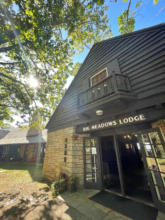 Big Meadows Lodge welcoming visitors with rustic charm, where indoor plumbing meets wilderness and everyone wins that negotiation beautifully.