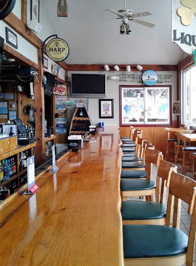 The polished bar and nautical touches inside offer refuge when the weather doesn't cooperate with outdoor plans.