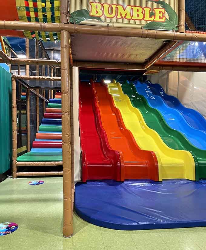 Four slides of pure joy, each one a different express route to happiness and slightly messy hair.