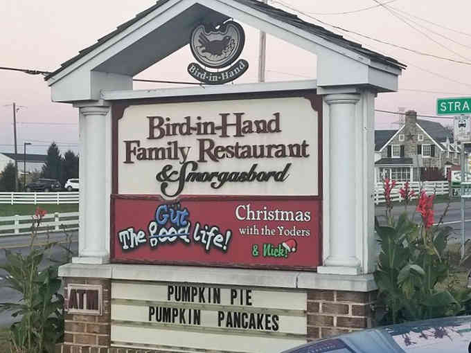 The sign outside advertising pumpkin pie and pancakes is basically a siren call for hungry travelers.