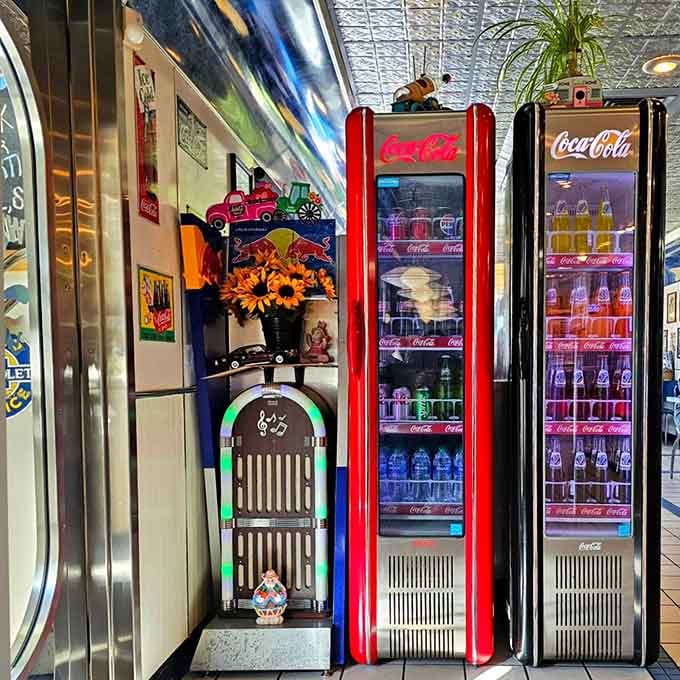 A vintage jukebox stands ready to soundtrack your meal with tunes from when Elvis was still the king.