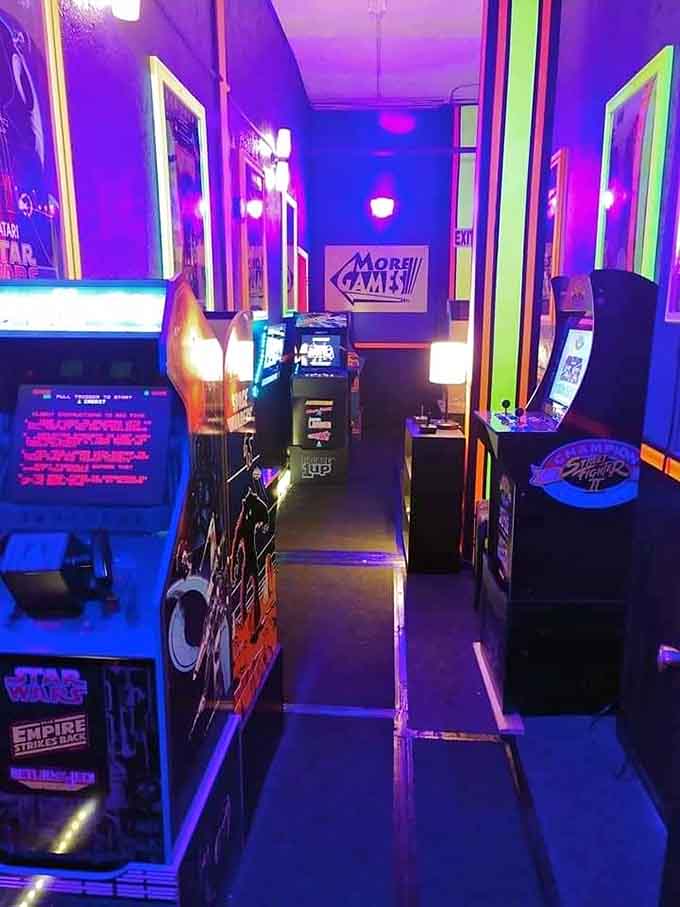 Classic arcade games bathed in neon glow transport you straight back to the 1980s, quarters optional.