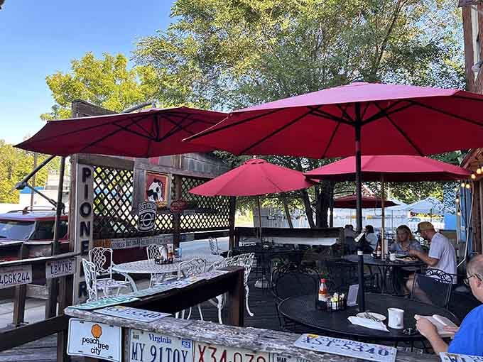 Outdoor seating under red umbrellas where you can enjoy your meal while soaking up that Shenandoah Valley sunshine.