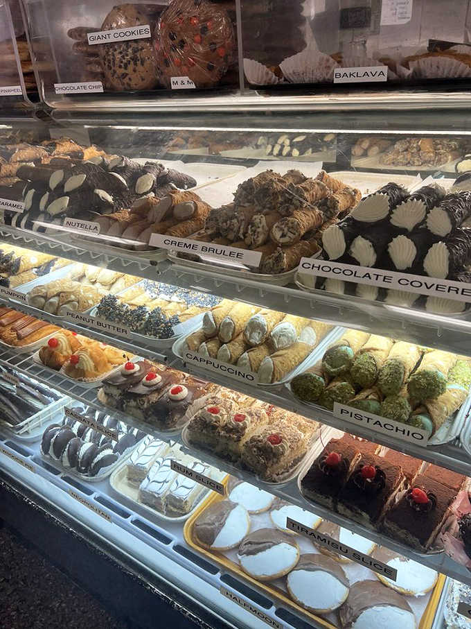 From Nutella to pistachio, this display case reads like a greatest hits album of Italian dessert classics.