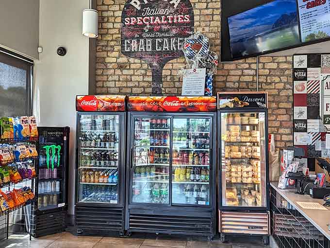 Refrigerators stocked with cold drinks stand ready to quench your thirst after tackling those flavor-packed crab cake platters.