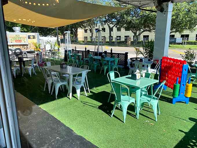 Spacious patio with shade canopy means you can enjoy your sandwich without melting, which is peak Florida dining strategy.