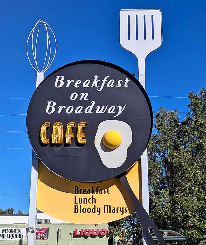 That roadside sign with the fried egg and skillet is like a beacon calling breakfast lovers home from miles away.