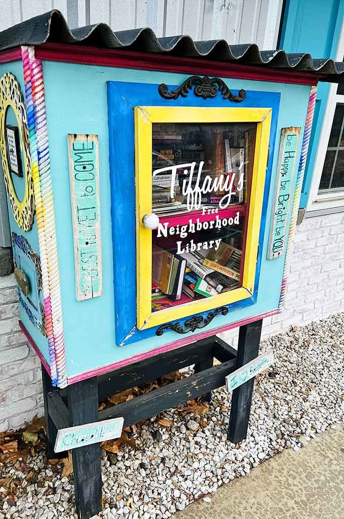 A cheerfully painted little free library outside shows this place nourishes minds and bellies with equal enthusiasm.