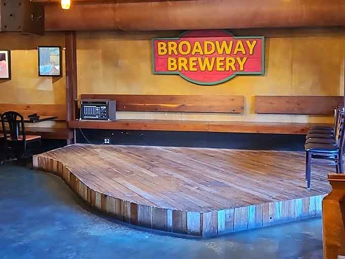 That stage has seen its share of good times, built from reclaimed wood with stories.