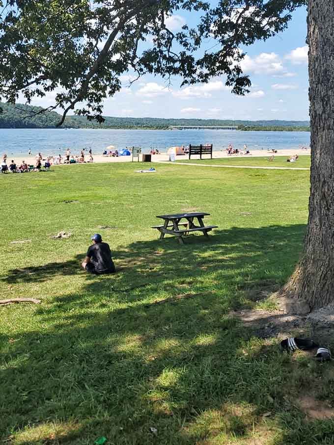 The beach at Brookville Reservoir offers that rare combination of sandy shores and Midwestern hospitality in one spot.