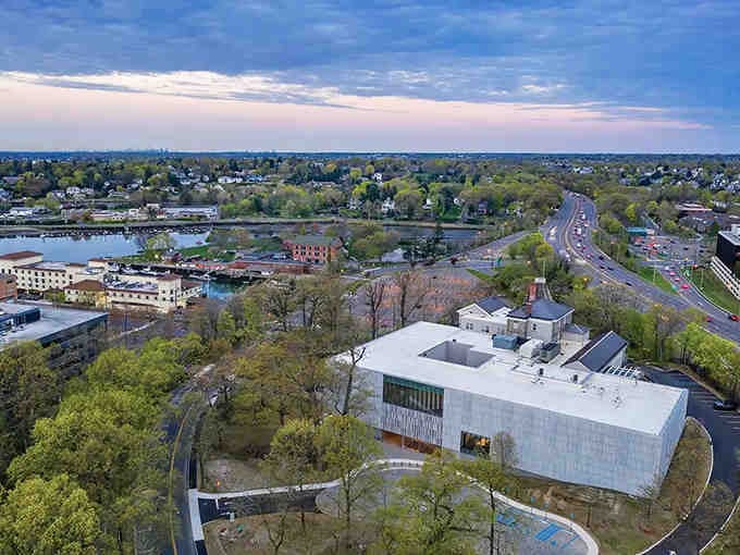From above, the Bruce Museum sits like a modern jewel in Greenwich's landscape, accessible yet architecturally ambitious.
