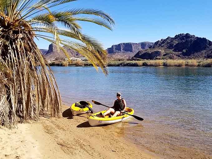 Launching a kayak from this sandy beach with palm trees swaying overhead feels like escaping to somewhere tropical without leaving Arizona.
