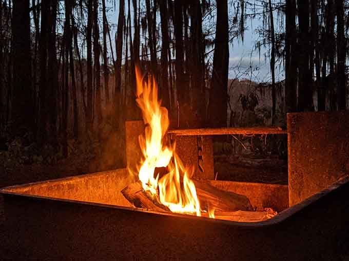 Campfires crackle as twilight descends, creating the perfect setting for stories and s'mores under starlit skies.