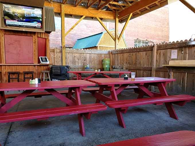 The covered patio provides outdoor seating where you can enjoy your breakfast with fresh air included.