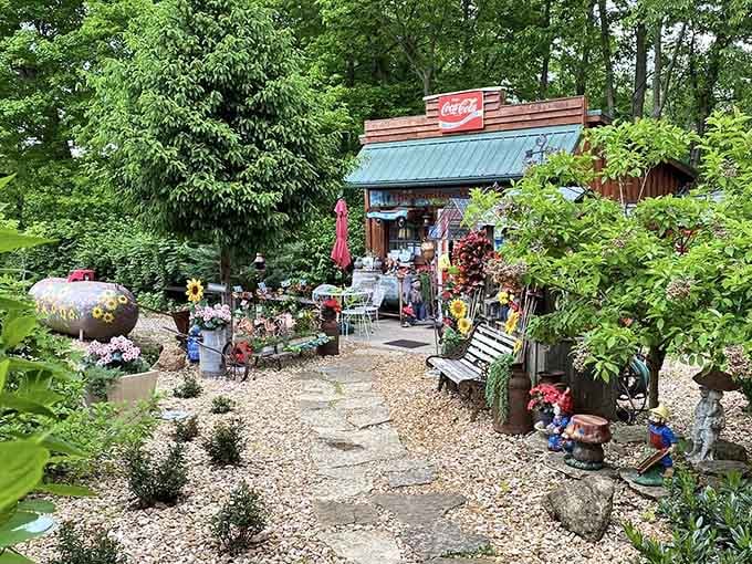 A garden shop that looks like it sprouted organically from the earth, complete with vintage Coca-Cola signage for character.