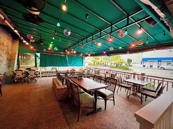 Outdoor patio seating under string lights turns any Tuesday dinner into a special occasion worth celebrating with friends.