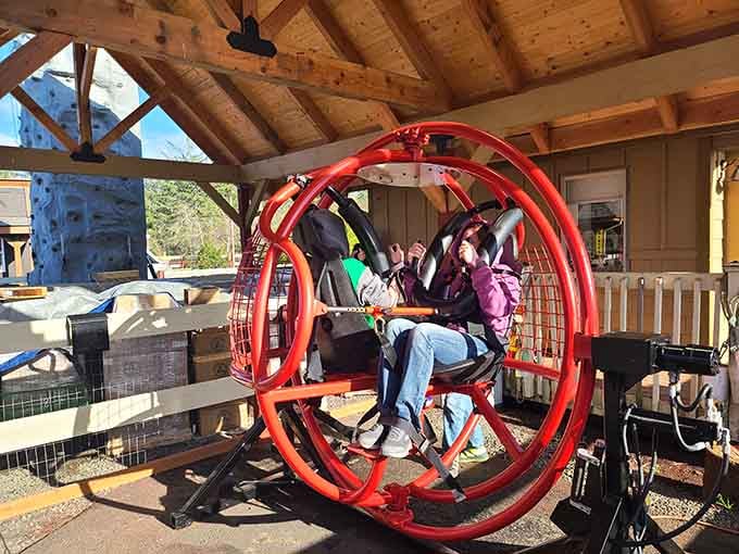 The gyroscope ride spins brave souls in multiple directions, defying physics and possibly breakfast choices.