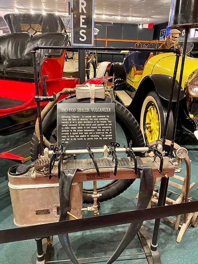 The Shaler Vulcanizer sits ready to patch tires like a mechanical doctor from the early automotive emergency room.