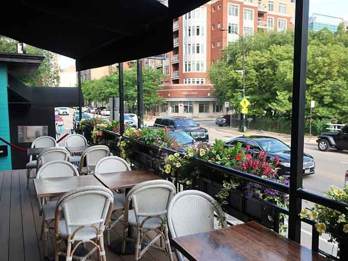 Sidewalk dining with flower boxes brings European cafe vibes to Chicago streets, minus the jet lag and passport requirements.