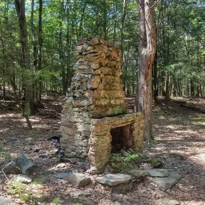 A solitary stone chimney rises from the forest floor, telling stories of families who once called this home.