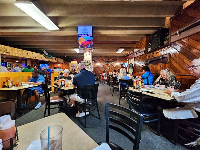 Happy diners fill the tables, united in their quest to discover just how much catfish one person can consume.
