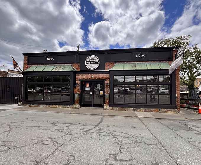 Pub Frato's modern brick exterior suggests serious food happens inside, and that garage door means business too.