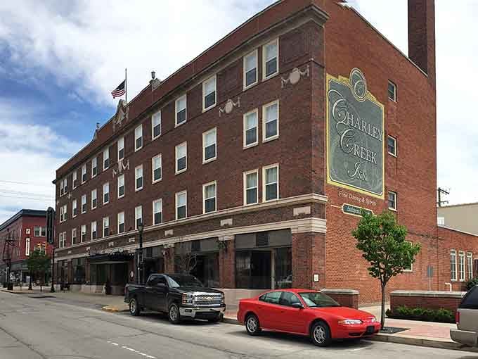 The corner view reveals a building that anchors downtown Wabash with timeless architectural confidence and grace.