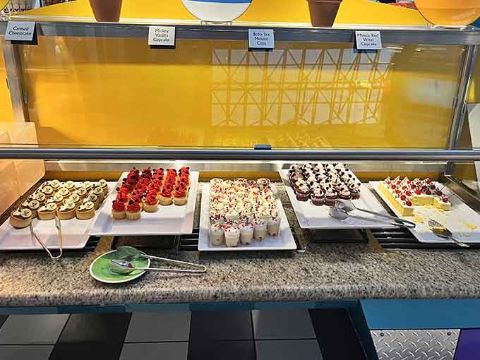 This dessert bar stretches on like a sweet dream, displaying treats that would make any pastry chef proud.