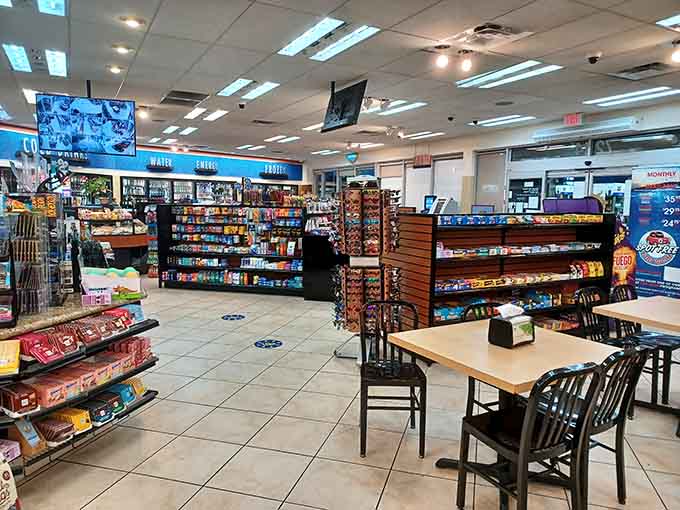 Dining tables nestled between chip displays and refrigerated drinks: the most unconventional food court you'll ever love.