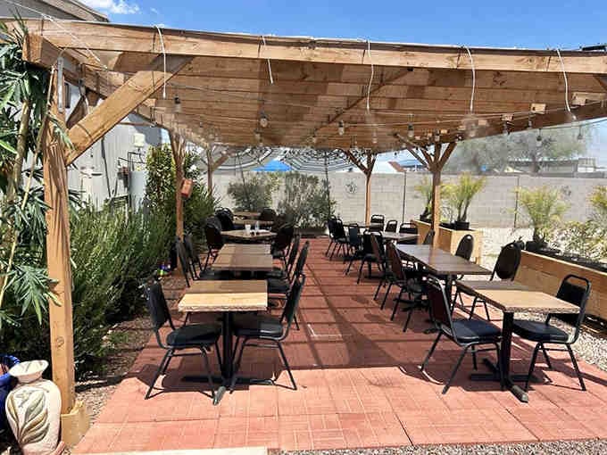 Outdoor patio seating where you can enjoy enchiladas under Arizona skies—desert dining at its finest.