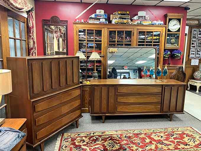 Mid-century walnut bedroom sets like this are why people rent trucks, because that craftsmanship isn't coming back anytime soon.