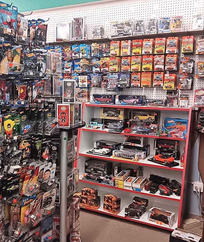 Die-cast cars lined up like a miniature museum dedicated to every kid's childhood automotive fantasies.