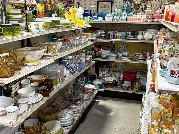 Rows of vintage glassware in every color prove kitchens once had far more personality than today.