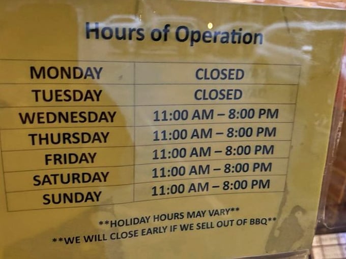 Closed Mondays and Tuesdays so the pitmasters can rest, which seems fair given they're creating edible miracles daily.