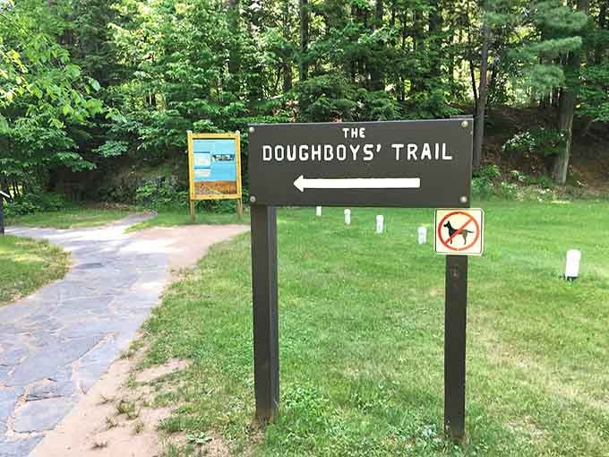 The Doughboys' Trail sign pointing toward adventure, named for veterans who knew a thing or two about perseverance.
