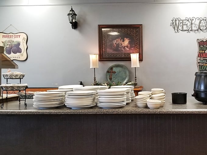Stacks of plates and bowls stand ready like soldiers preparing for the most delicious battle ever fought.