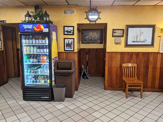 Nautical touches and beverage cooler create an atmosphere that's functional and refreshingly unpretentious throughout.