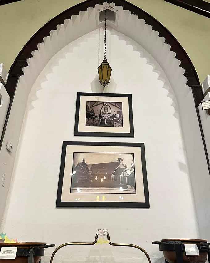 Vintage photos on the wall tell the story of this place's history, adding character to your chocolate shopping experience.