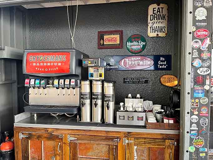 The beverage station's ready to quench your thirst after all that gloriously salty, smoky meat you're about to devour.
