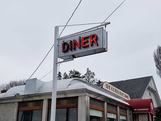 The retro "DINER" sign glowing red against an overcast sky is like a beacon calling hungry travelers home.