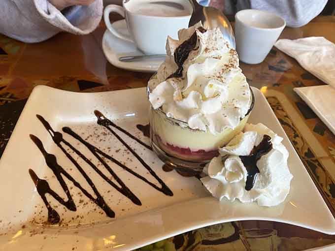 Tiramisu presented like a work of art, complete with chocolate drizzle and enough whipped cream for happiness.