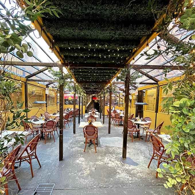 String lights transform the outdoor patio into an enchanted dining space where summer evenings taste even better.