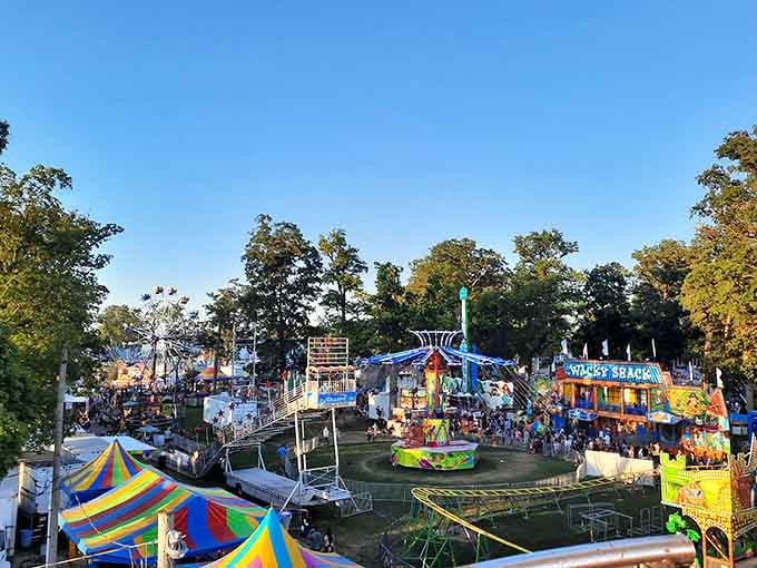 The midway comes alive with colorful rides, cheerful crowds, and the irresistible promise of classic fair food.