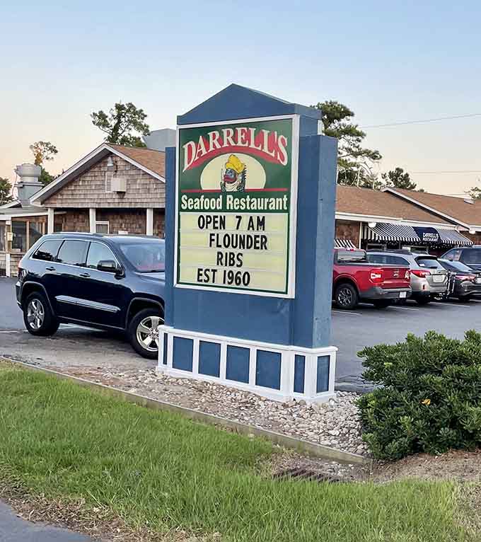 A sign advertising flounder and ribs since 1960 doesn't need fancy fonts to make its point effectively.