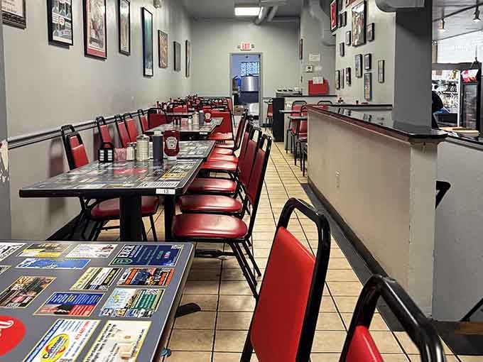 The dining room stretches back like a breakfast promise, with enough seating for the morning rush.