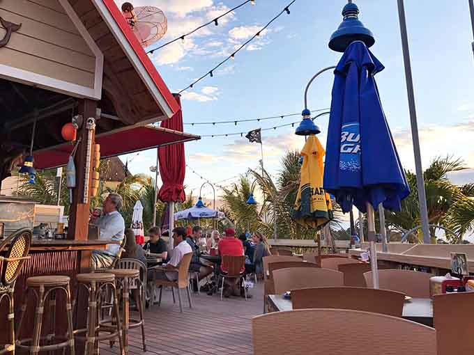 String lights and palm trees transform a simple patio into somewhere Jimmy Buffett would feel right at home.