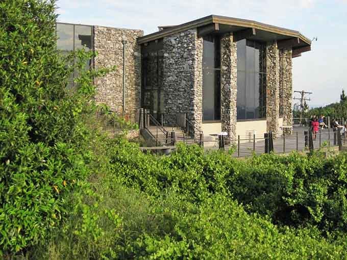Modern architecture meets natural stone in this striking building that somehow fits perfectly into the wilderness landscape.