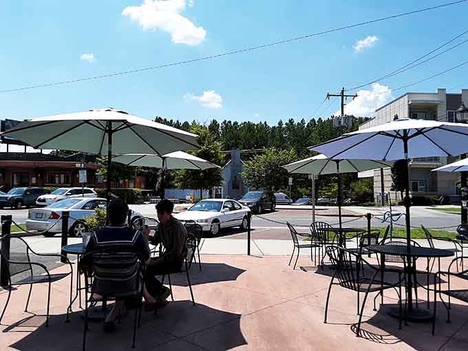 Outdoor seating with umbrellas for those perfect Carolina days when you want your comfort food with a side of sunshine.