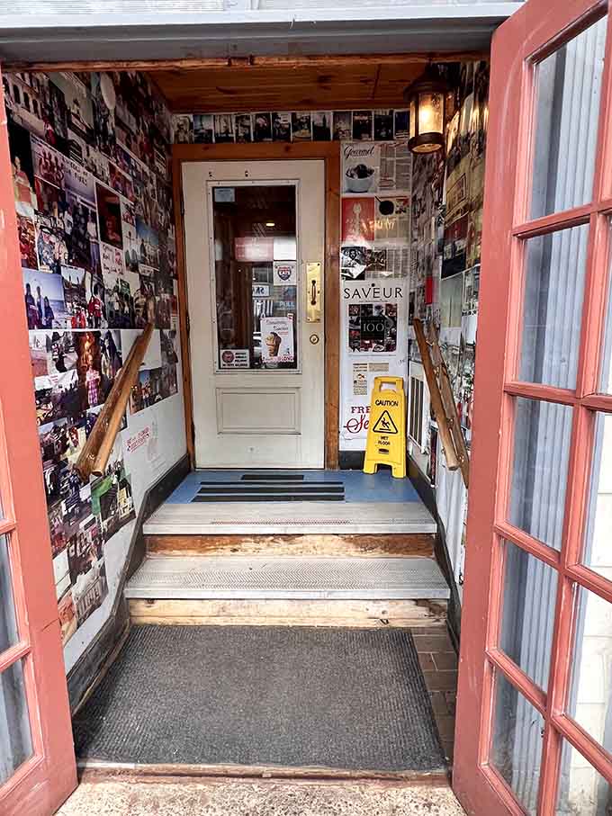 Newspaper clippings wallpaper the entrance, documenting decades of satisfied customers who couldn't keep this secret to themselves.