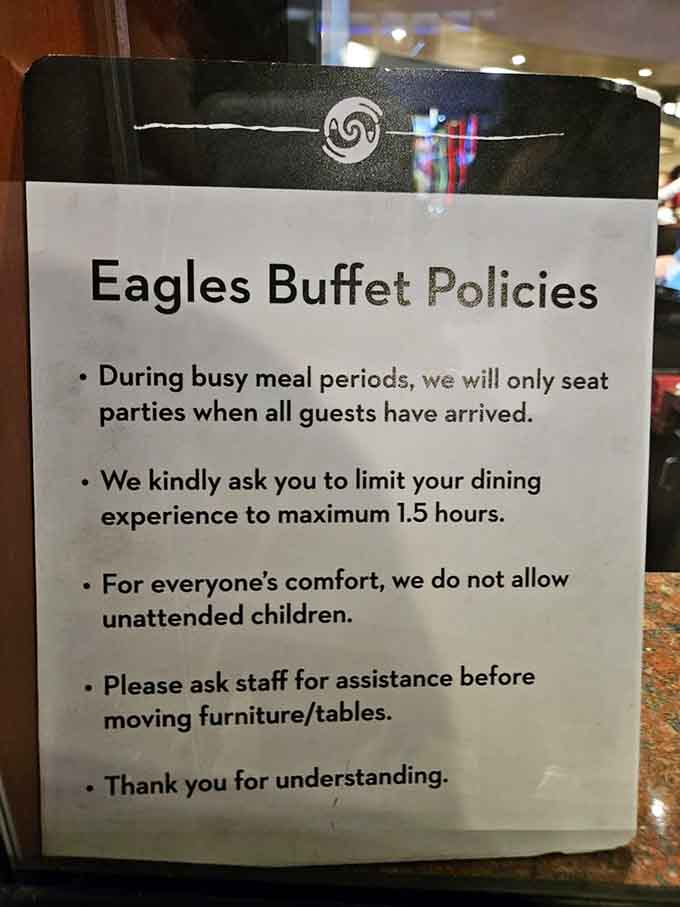 Posted policies keep things running smoothly, because even unlimited food needs some reasonable boundaries and common sense.